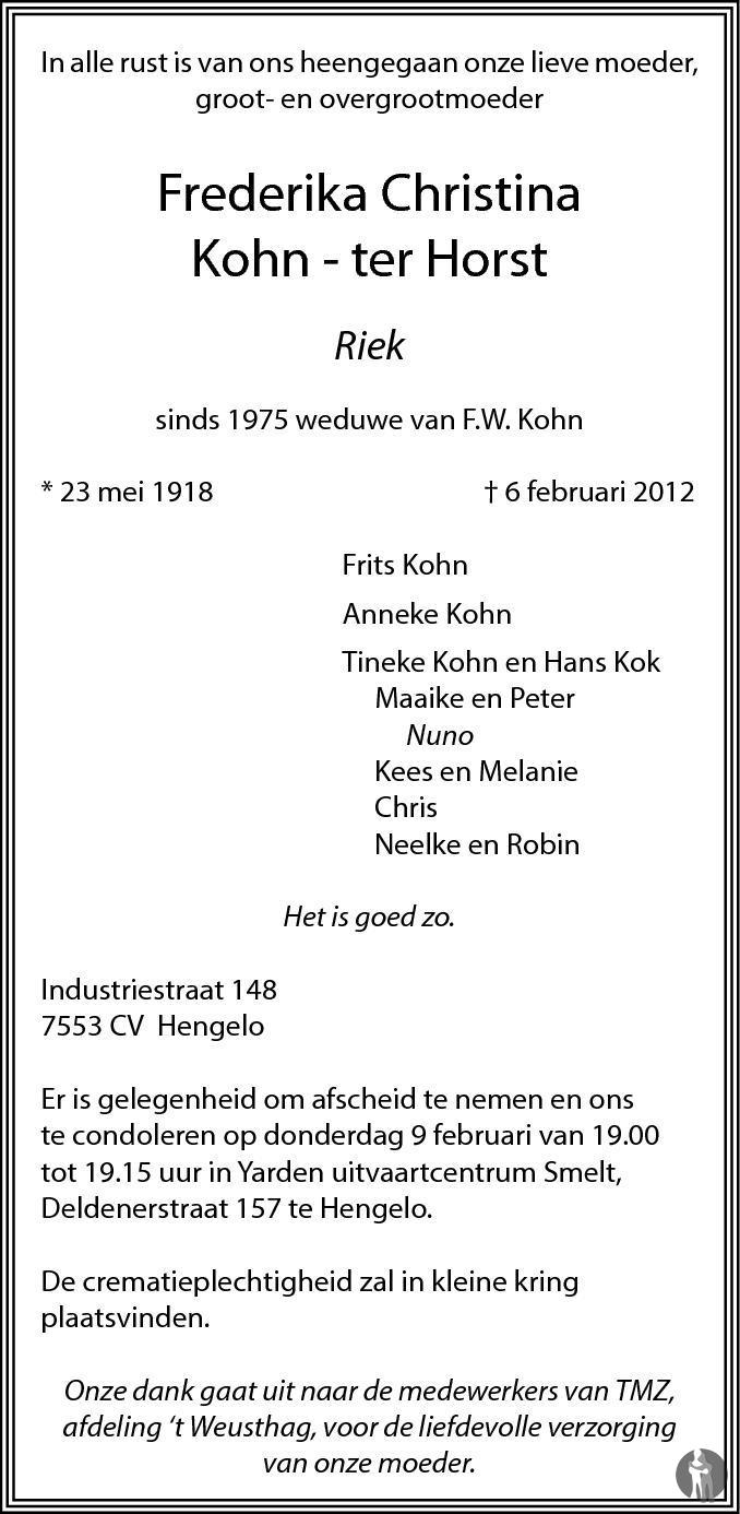 Frederika Christina (Riek) Kohn - ter Horst 06-02-2012 ...