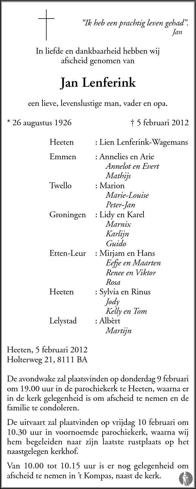 Jan Lenferink 05-02-2012 overlijdensbericht en condoleances - Mensenlinq.nl