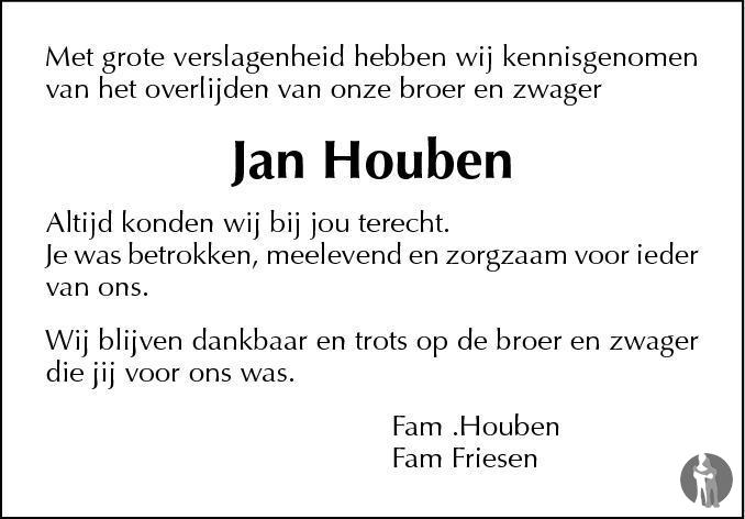 Jan Houben 09-02-2012 overlijdensbericht en condoleances - Mensenlinq.nl