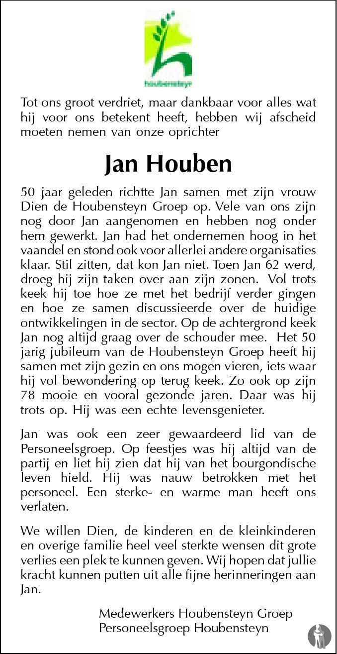Jan Houben 09-02-2012 overlijdensbericht en condoleances - Mensenlinq.nl