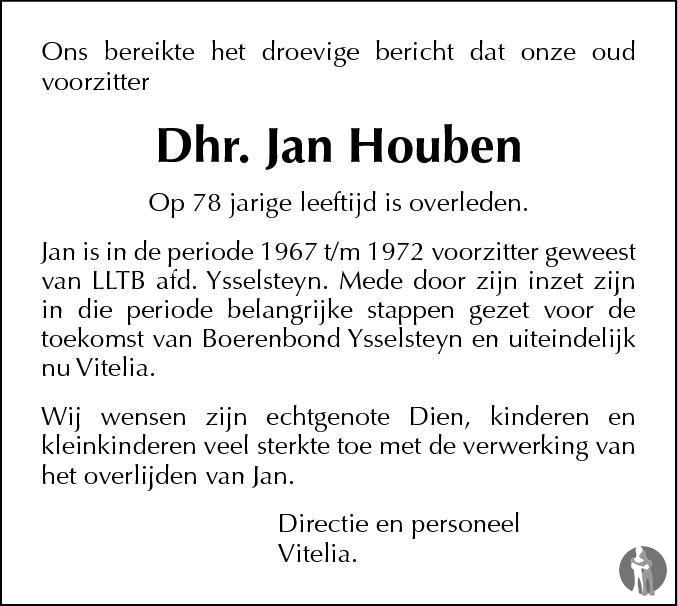 Jan Houben 09-02-2012 overlijdensbericht en condoleances - Mensenlinq.nl