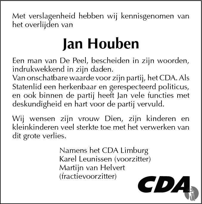 Jan Houben 09-02-2012 overlijdensbericht en condoleances - Mensenlinq.nl