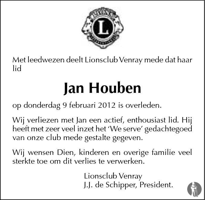 Jan Houben 09-02-2012 overlijdensbericht en condoleances - Mensenlinq.nl