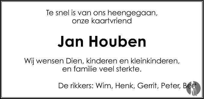 Jan Houben 09-02-2012 overlijdensbericht en condoleances - Mensenlinq.nl