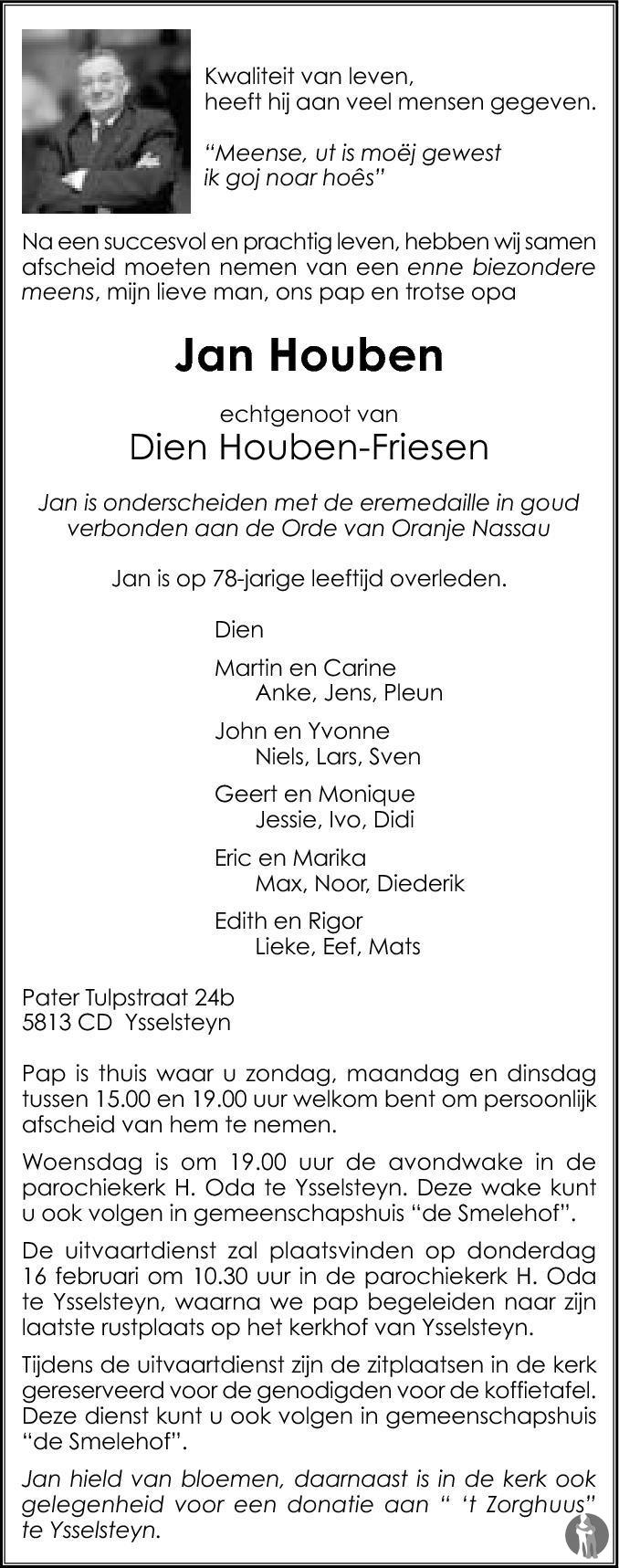 Jan Houben 09-02-2012 overlijdensbericht en condoleances - Mensenlinq.nl