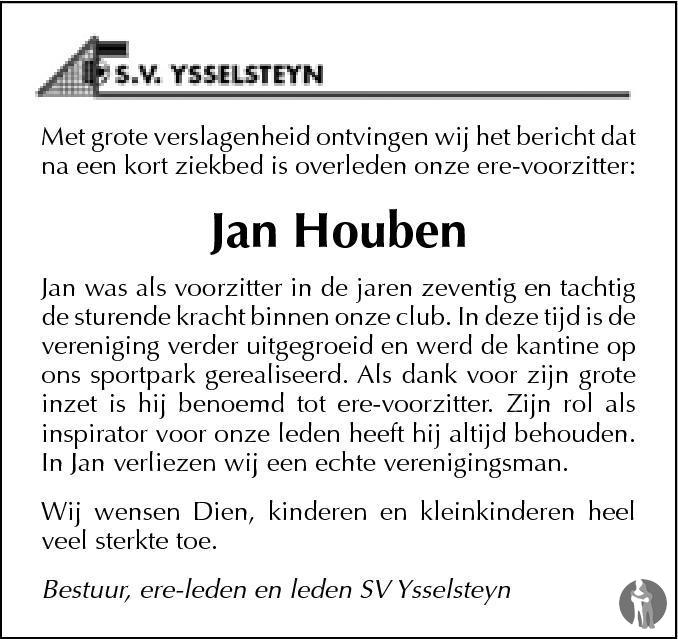 Jan Houben 09-02-2012 overlijdensbericht en condoleances - Mensenlinq.nl