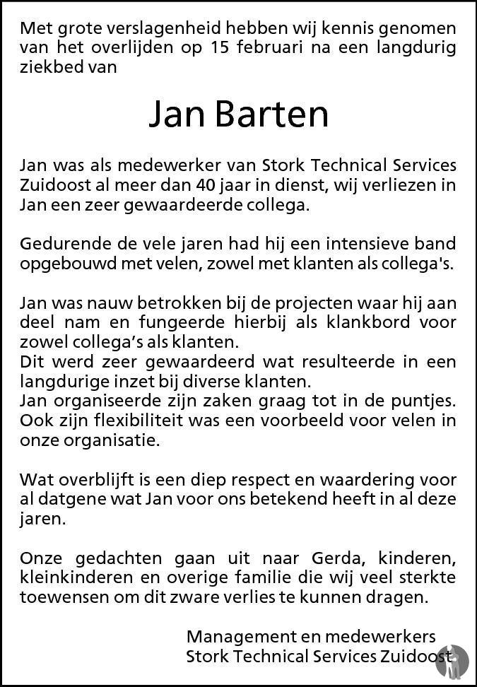 Jan Barten 15-02-2012 overlijdensbericht en condoleances - Mensenlinq.nl