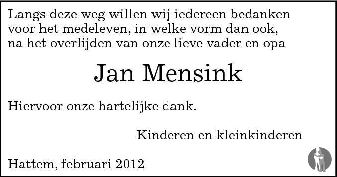 Jan Mensink 26-12-2011 overlijdensbericht en condoleances - Mensenlinq.nl