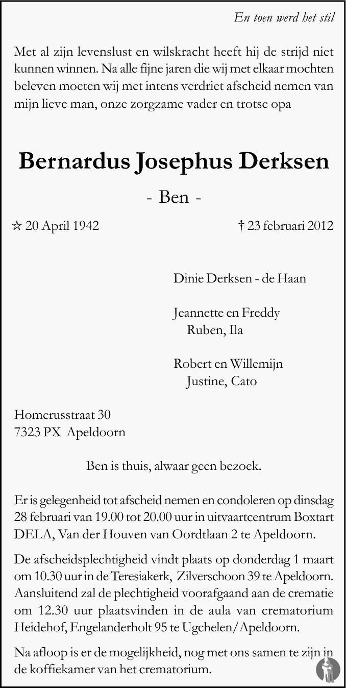 Bernardus Josephus (Ben) Derksen 23-02-2012 overlijdensbericht en ...