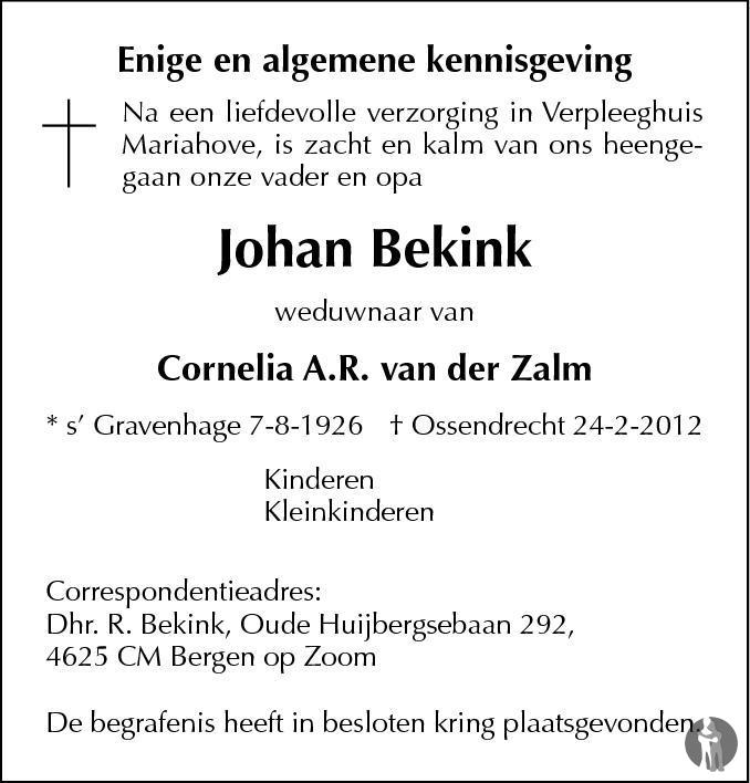 Johan Bekink 24-02-2012 overlijdensbericht en condoleances - Mensenlinq.nl