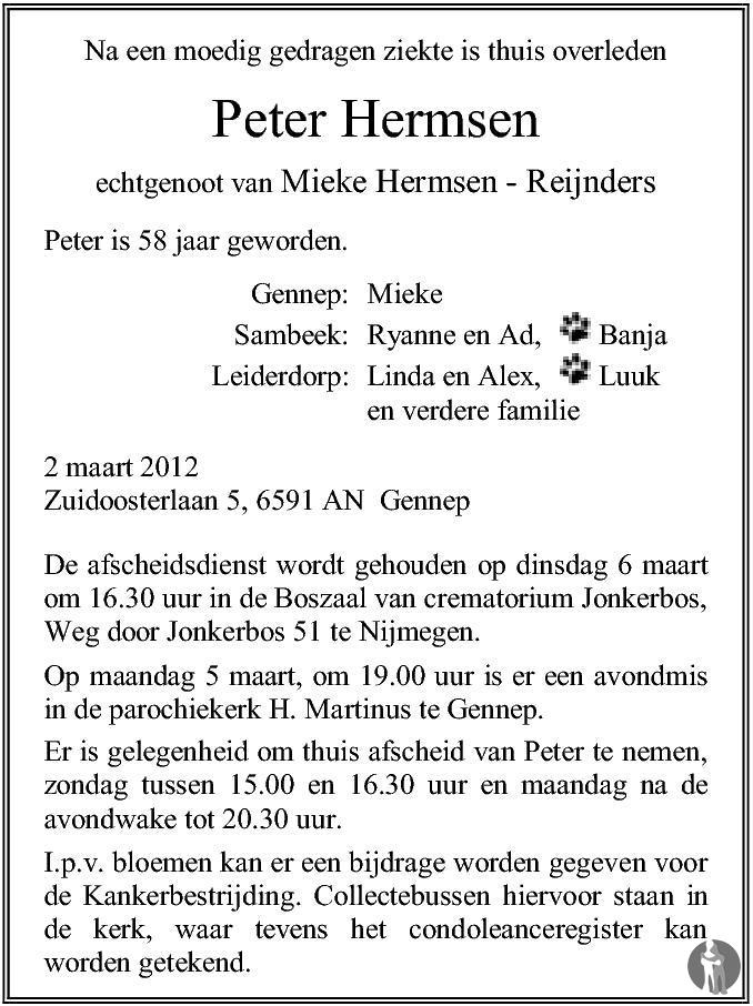 Peter Hermsen 02-03-2012 overlijdensbericht en condoleances - Mensenlinq.nl