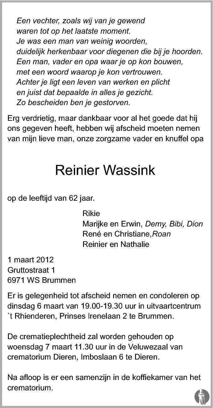 Reinier Wassink 01-03-2012 overlijdensbericht en condoleances ...