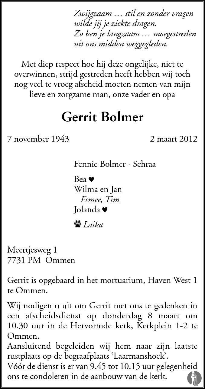 Gerrit Bolmer 02-03-2012 overlijdensbericht en condoleances - Mensenlinq.nl