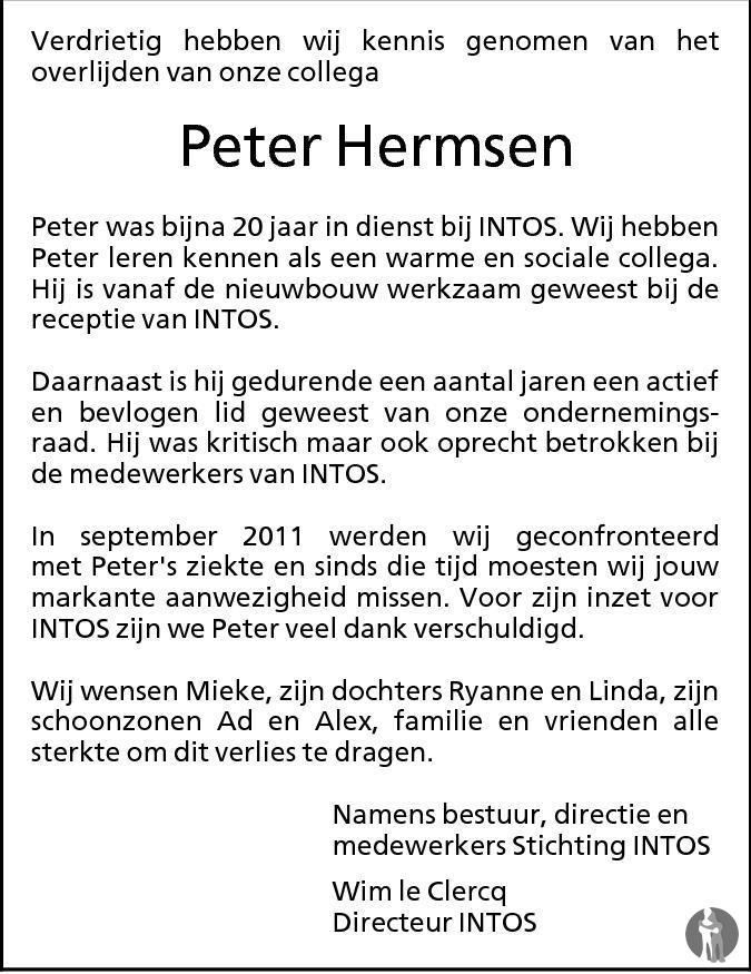 Peter Hermsen 02-03-2012 overlijdensbericht en condoleances - Mensenlinq.nl