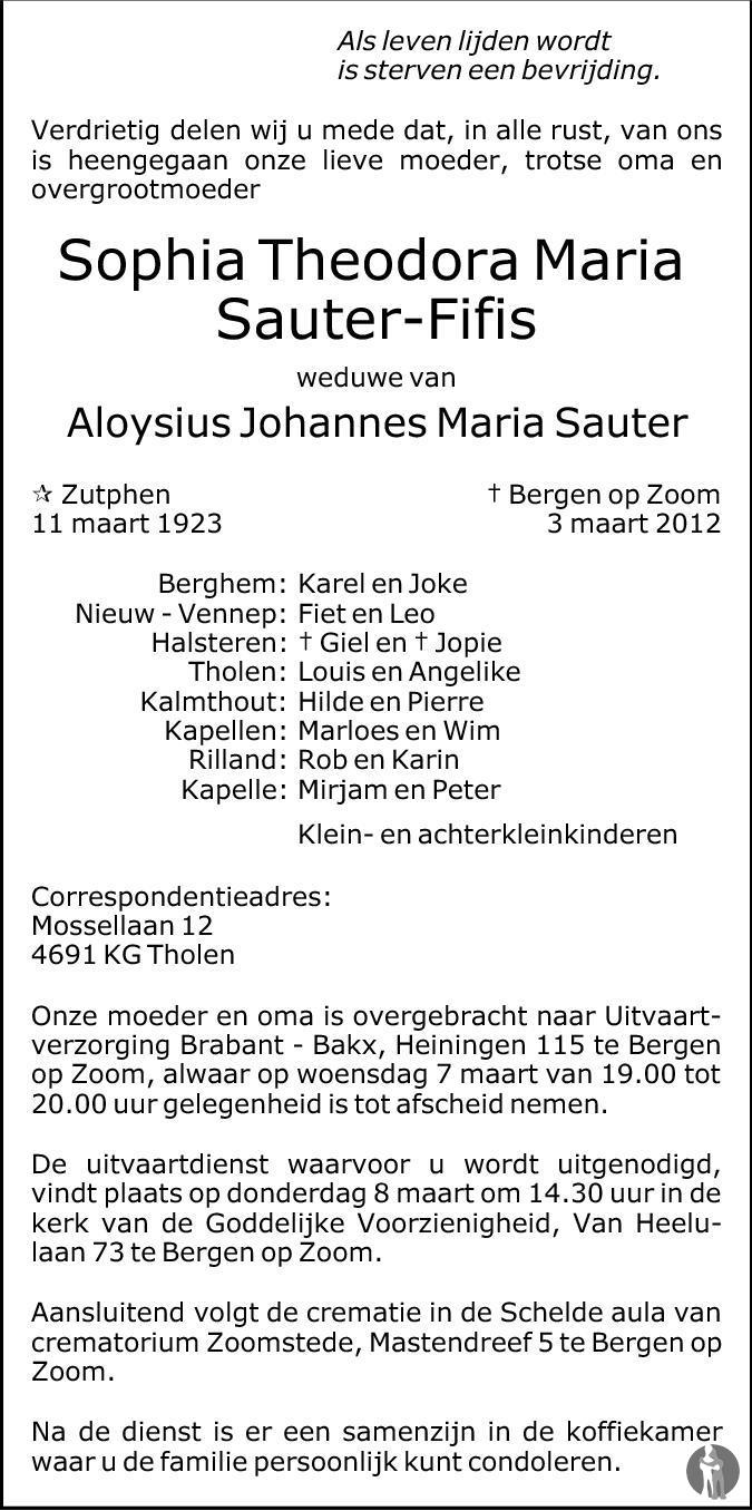 Sophia Theodora Maria Sauter - Fifis 03-03-2012 overlijdensbericht en ...
