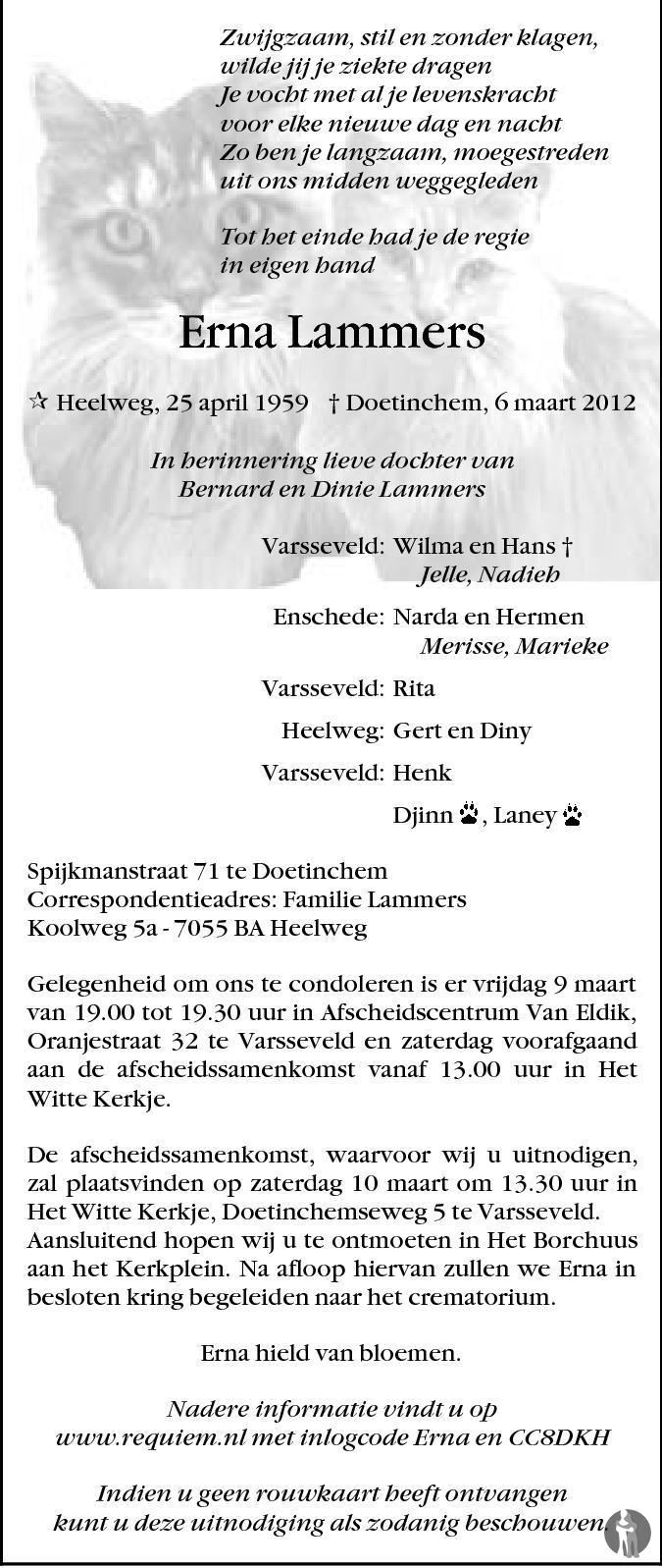 Erna Lammers 06-03-2012 overlijdensbericht en condoleances - Mensenlinq.nl