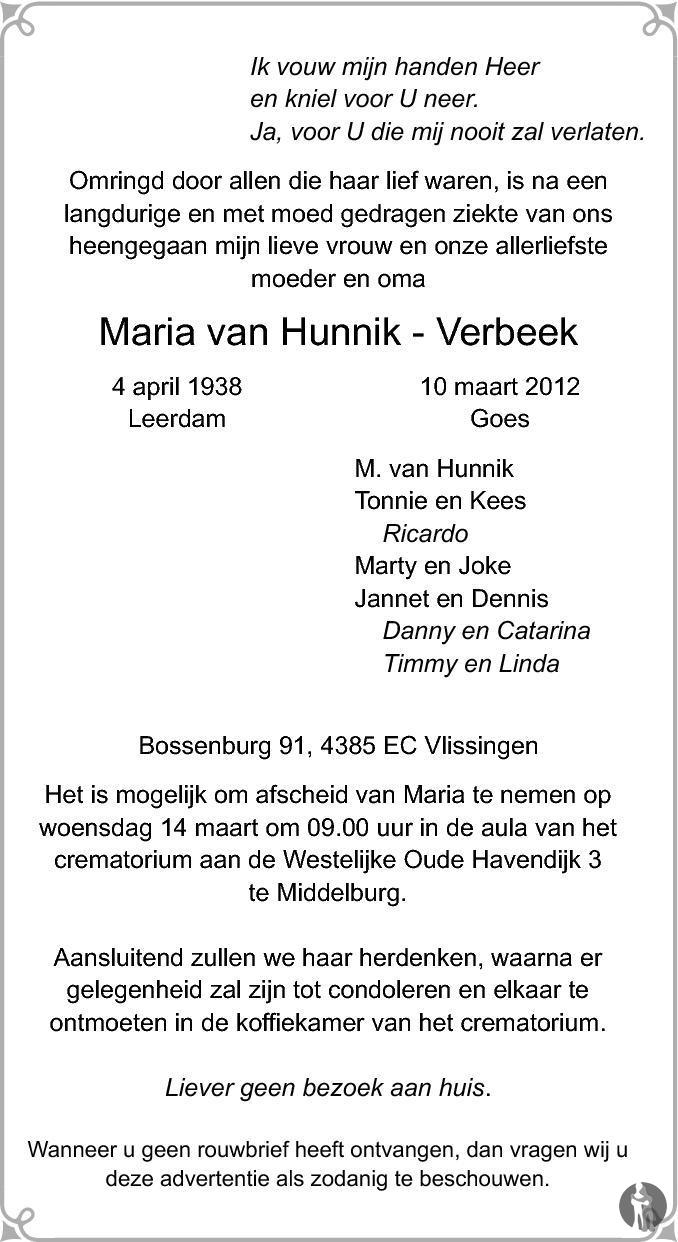Maria van Hunnik - Verbeek 10-03-2012 overlijdensbericht en ...