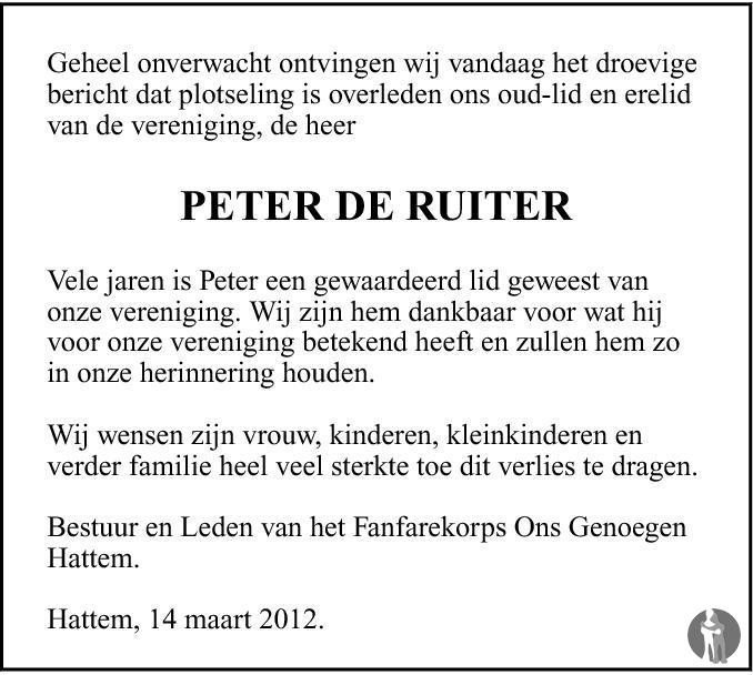 Peter Hendrik (Peter) de Ruiter 13-03-2012 overlijdensbericht en ...