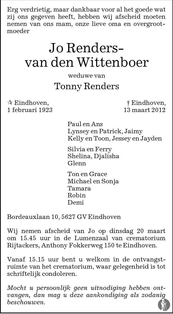 Jo Renders - van den Wittenboer 13-03-2012 overlijdensbericht en ... Jo Renders - van den Wittenboer 13-03-2012 overlijdensbericht en ...