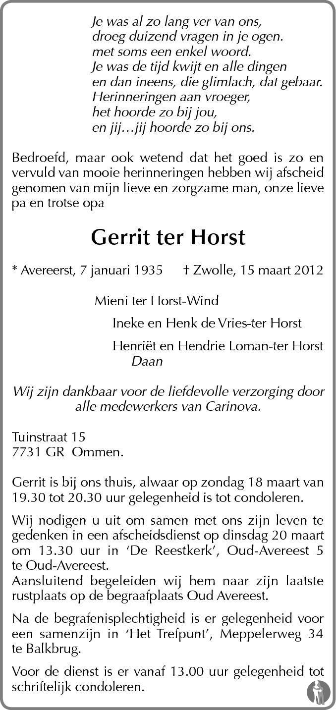 Gerrit ter Horst 15-03-2012 overlijdensbericht en condoleances ...