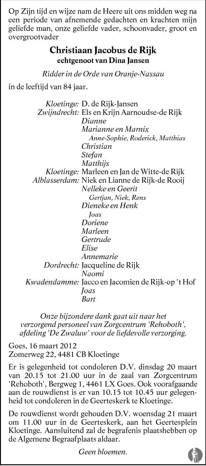 Christiaan Jacobus de Rijk 16-03-2012 overlijdensbericht en ...