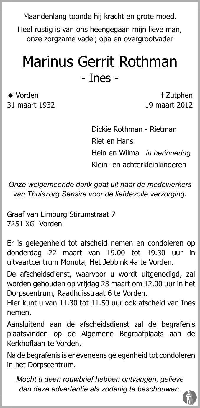 Marinus Gerrit (Ines) Rothman 19-03-2012 overlijdensbericht en condoleances - Mensenlinq.nl