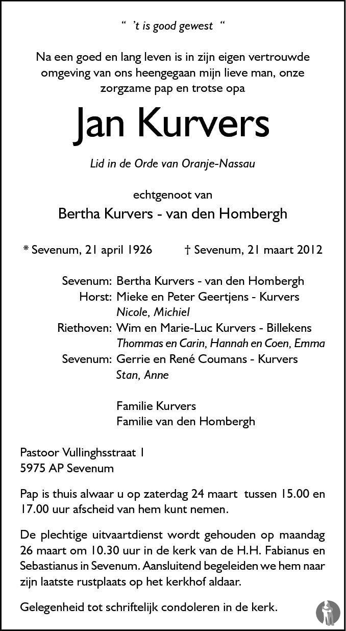 Jan Kurvers 21-03-2012 overlijdensbericht en condoleances - Mensenlinq.nl