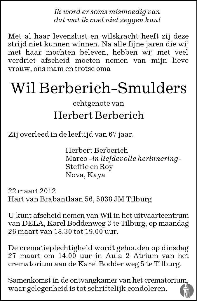 Wil Berberich - Smulders 22-03-2012 overlijdensbericht en condoleances ...