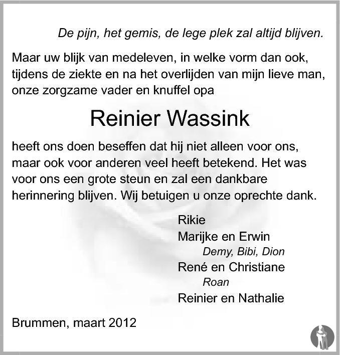 Reinier Wassink 01-03-2012 overlijdensbericht en condoleances ...