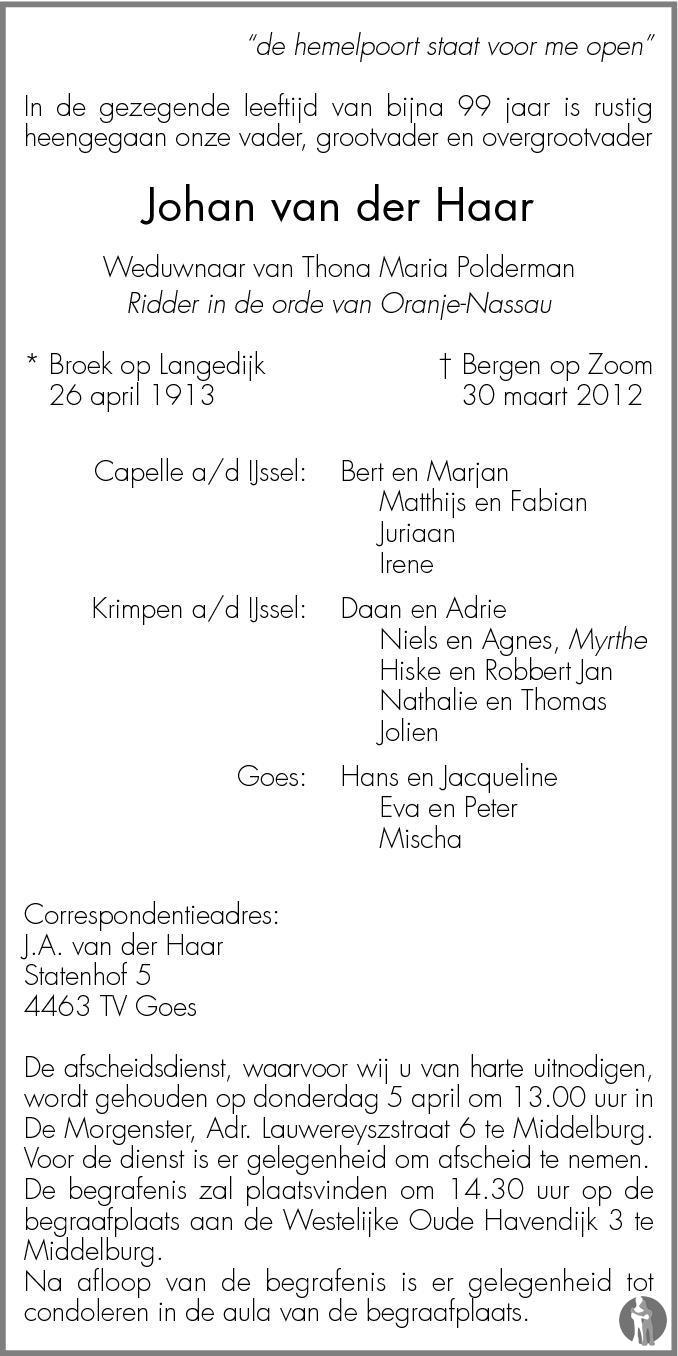 Johan van der Haar 30-03-2012 overlijdensbericht en condoleances ...