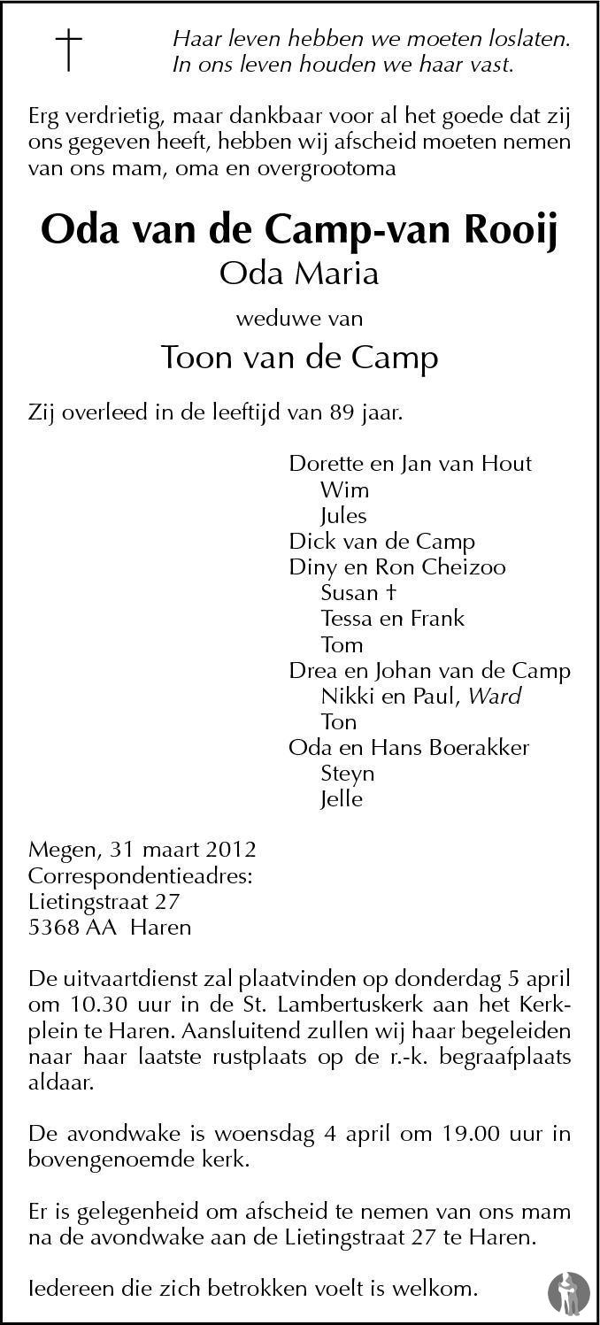 Oda Maria (Oda) van de Camp - van Rooij 31-03-2012 overlijdensbericht ...