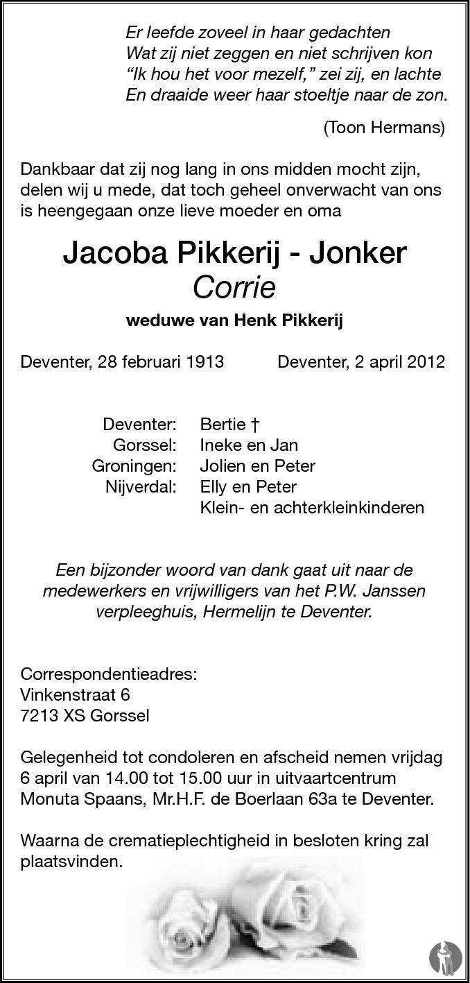 Jacoba (Corrie) Pikkerij - Jonker 02-04-2012 overlijdensbericht en ...