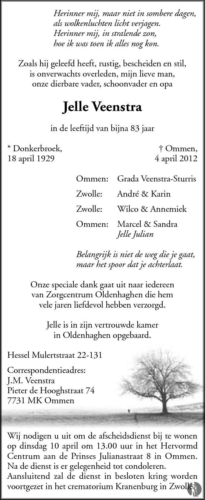 Jelle Veenstra 04-04-2012 overlijdensbericht en condoleances ...
