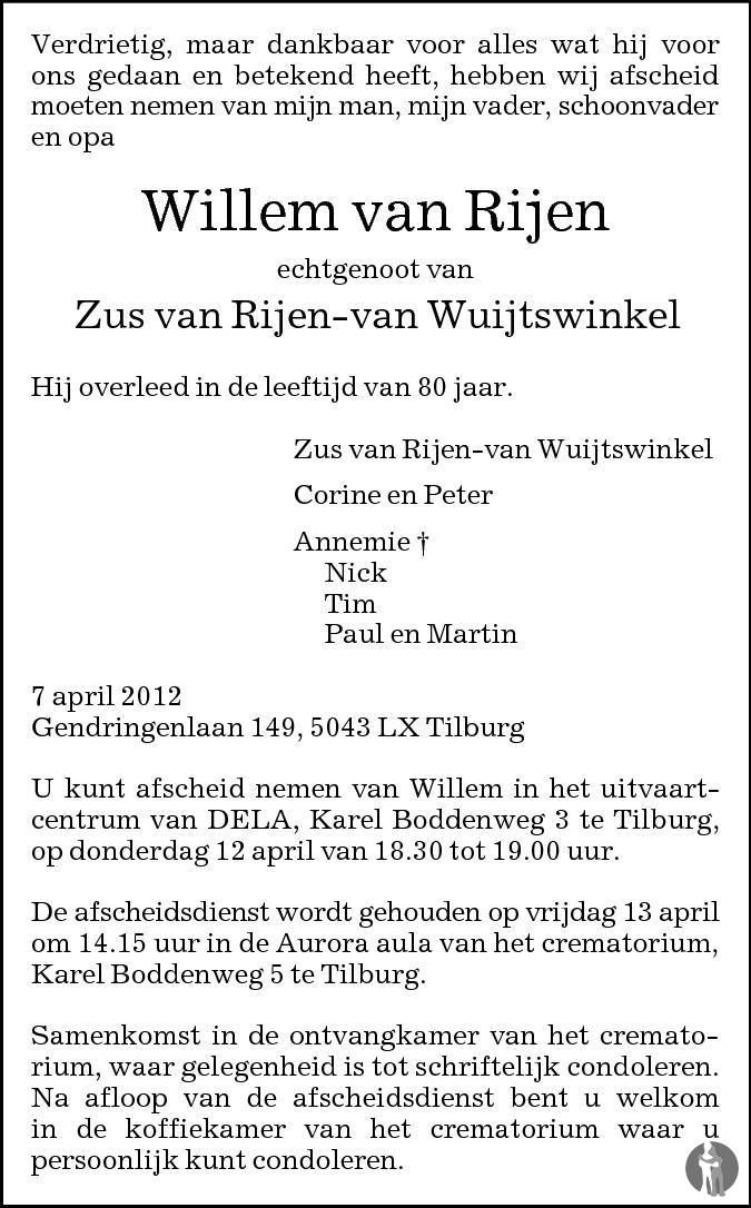 Willem van Rijen 07-04-2012 overlijdensbericht en condoleances ...