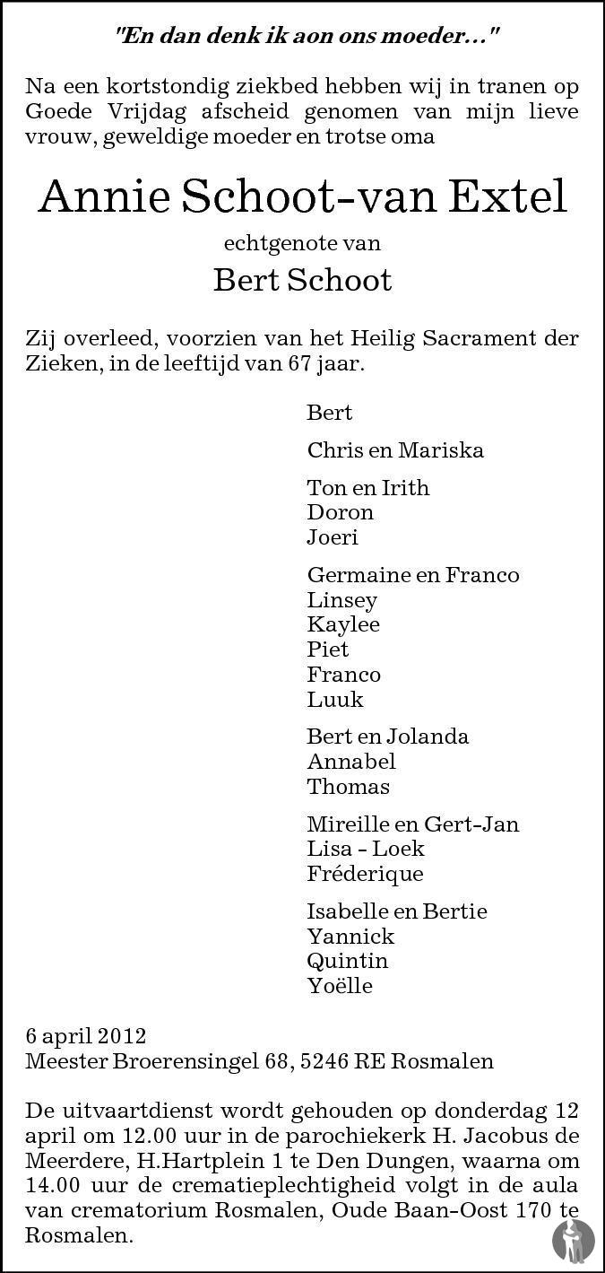 Annie Schoot - van Extel 06-04-2012 overlijdensbericht en condoleances ...
