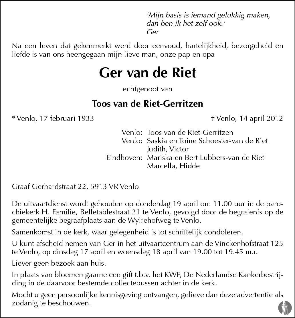 Ger van de Riet 14-04-2012 overlijdensbericht en condoleances ...