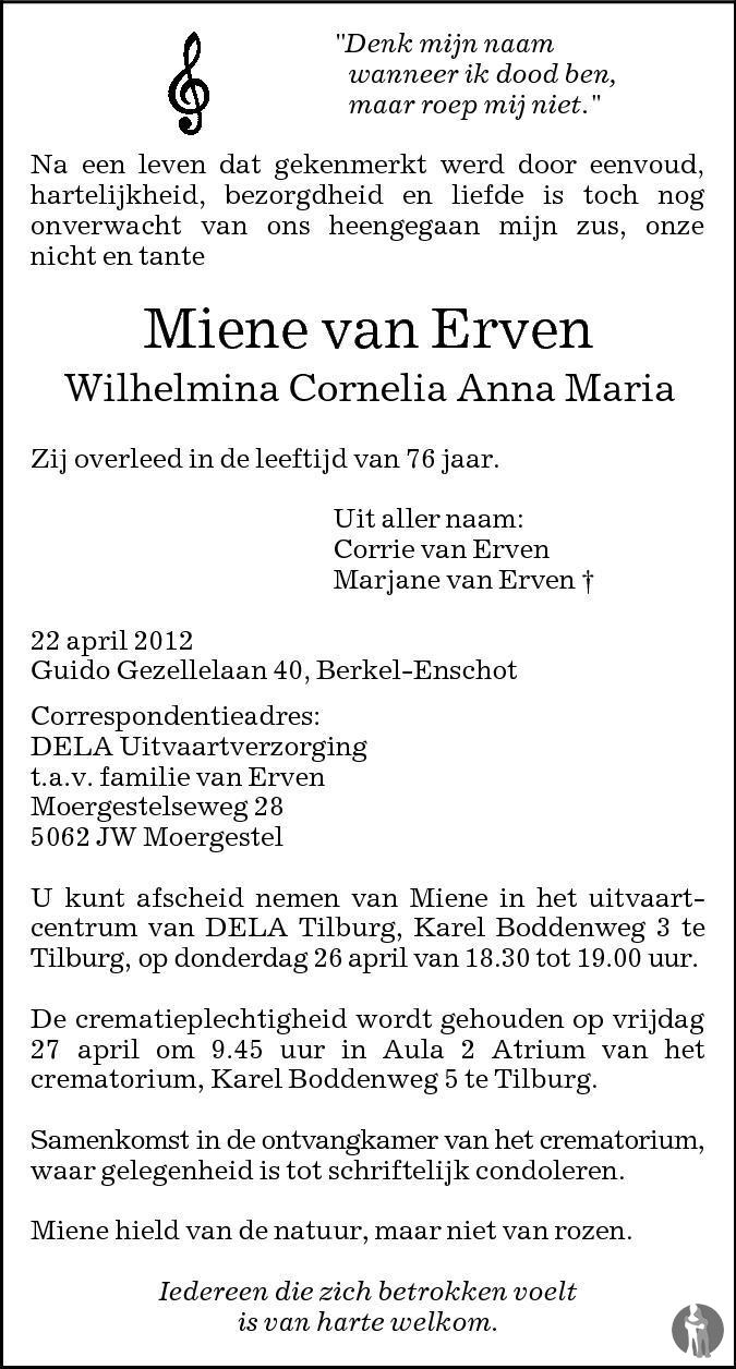 Wilhelmina Cornelia Anna Maria (Miene) van Erven 22-04-2012 ...