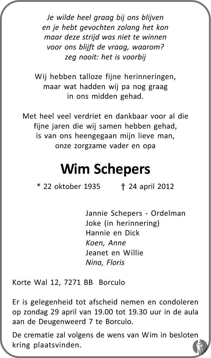 Wim Schepers 24-04-2012 overlijdensbericht en condoleances - Mensenlinq.nl