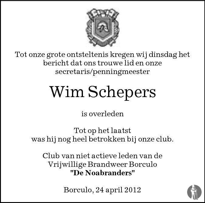 Wim Schepers 24-04-2012 overlijdensbericht en condoleances - Mensenlinq.nl