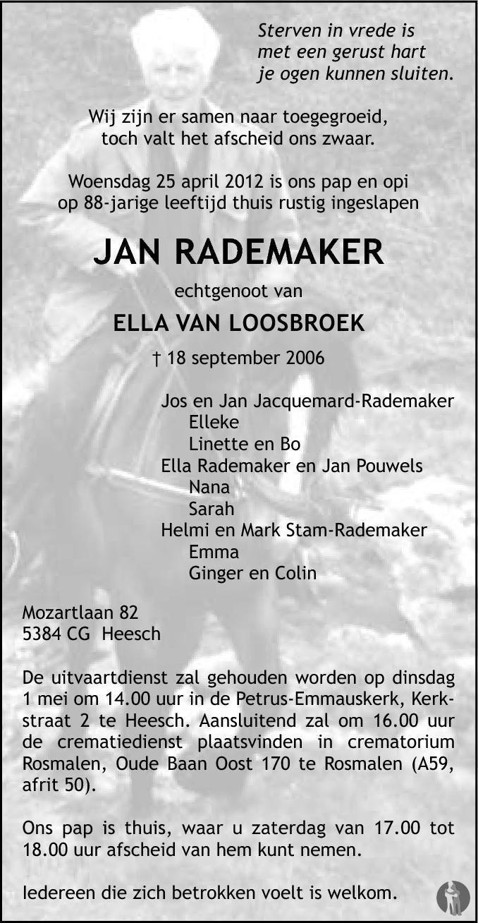 Jan Rademaker 25-04-2012 overlijdensbericht en condoleances - Mensenlinq.nl