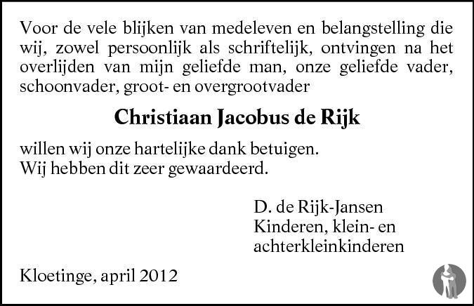 Christiaan Jacobus de Rijk 16-03-2012 overlijdensbericht en ...