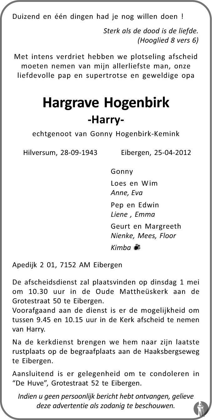 Hargrave (Harry) Hogenbirk 25-04-2012 overlijdensbericht en ...