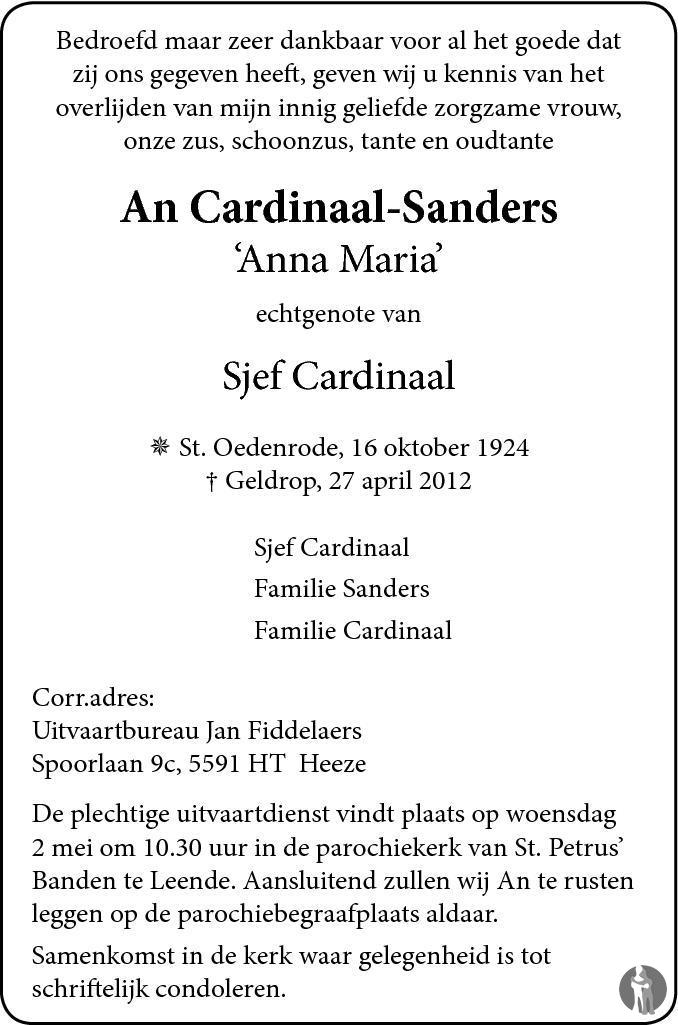 Anna Maria (An) Cardinaal - Sanders 27-04-2012 overlijdensbericht en ...