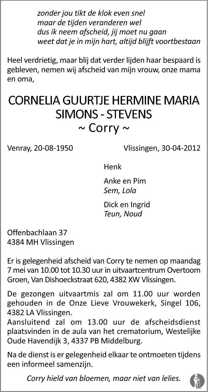 Cornelia Guurtje Hermine Maria (Corry) Simons - Stevens 30-04-2012 ...