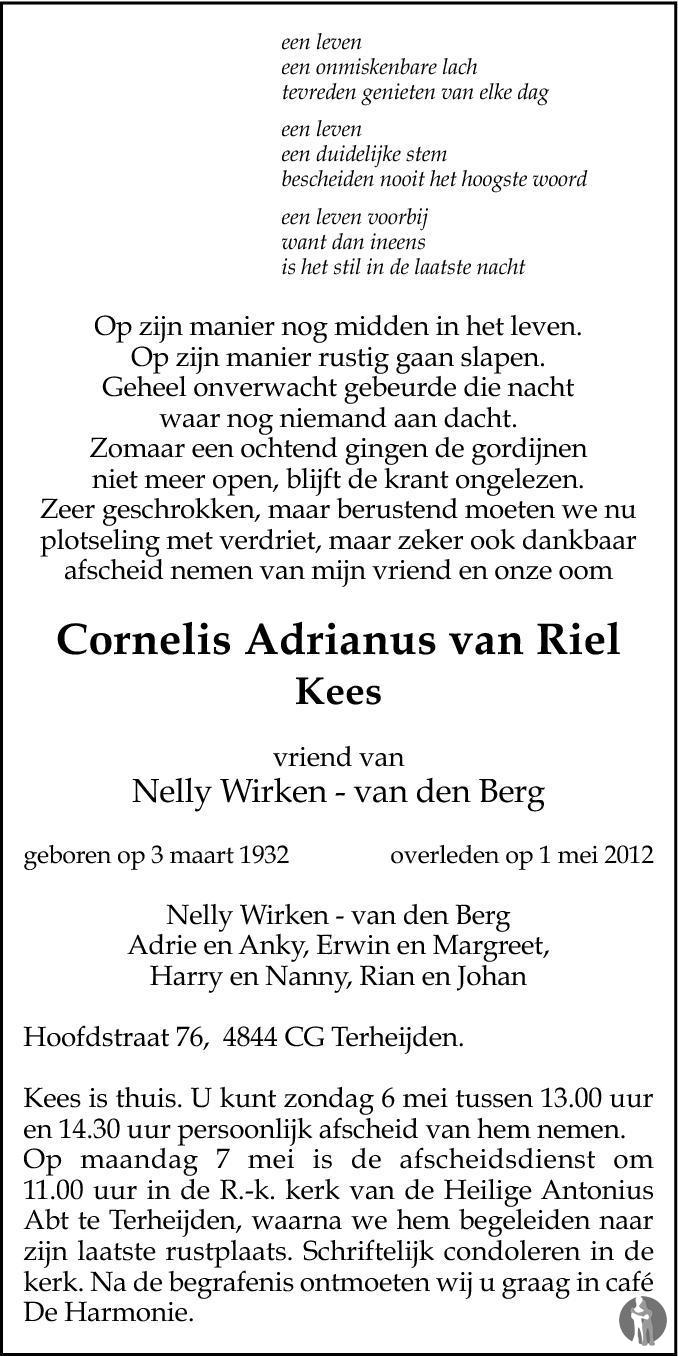 Cornelis Adrianus (Kees) van Riel 01-05-2012 overlijdensbericht en ...