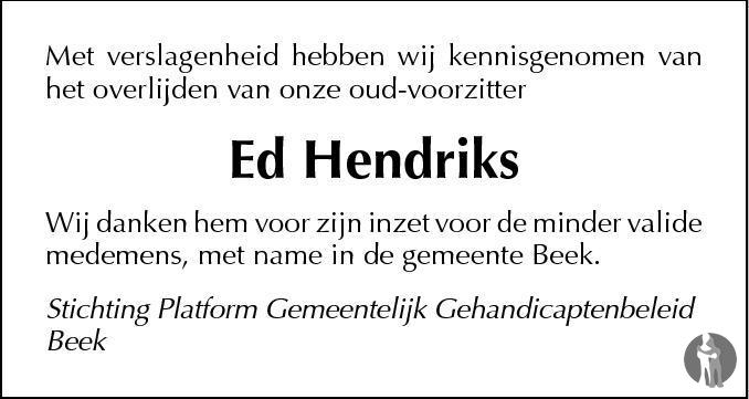 Ed Hendriks 04-05-2012 overlijdensbericht en condoleances - Mensenlinq.nl