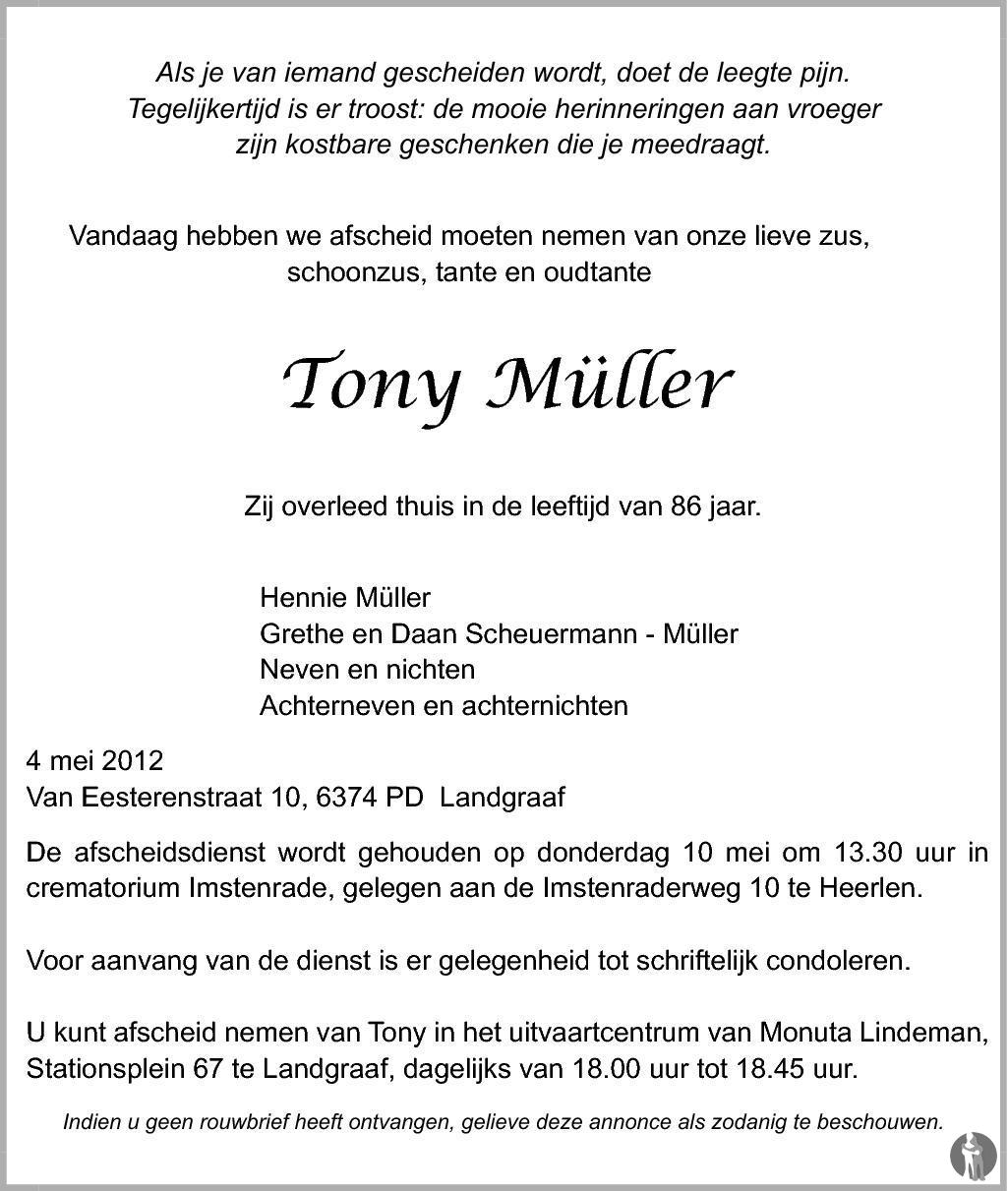 Tony Müller 04-05-2012 overlijdensbericht en condoleances - Mensenlinq.nl