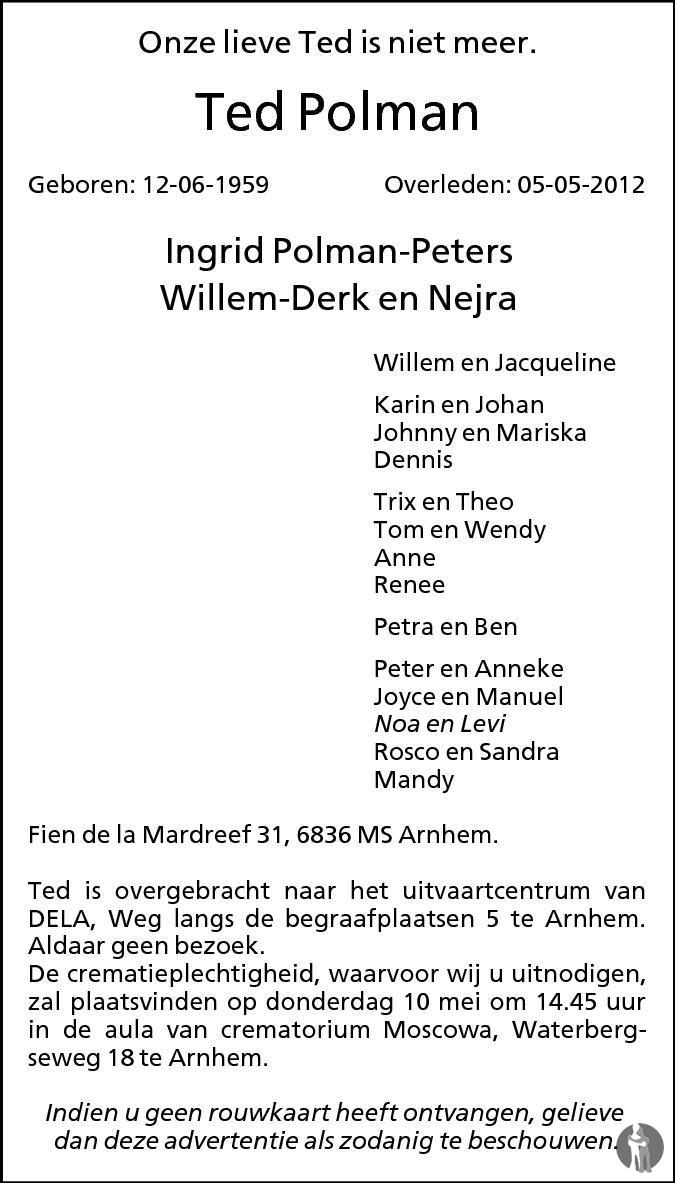 Ted Polman 05-05-2012 overlijdensbericht en condoleances - Mensenlinq.nl