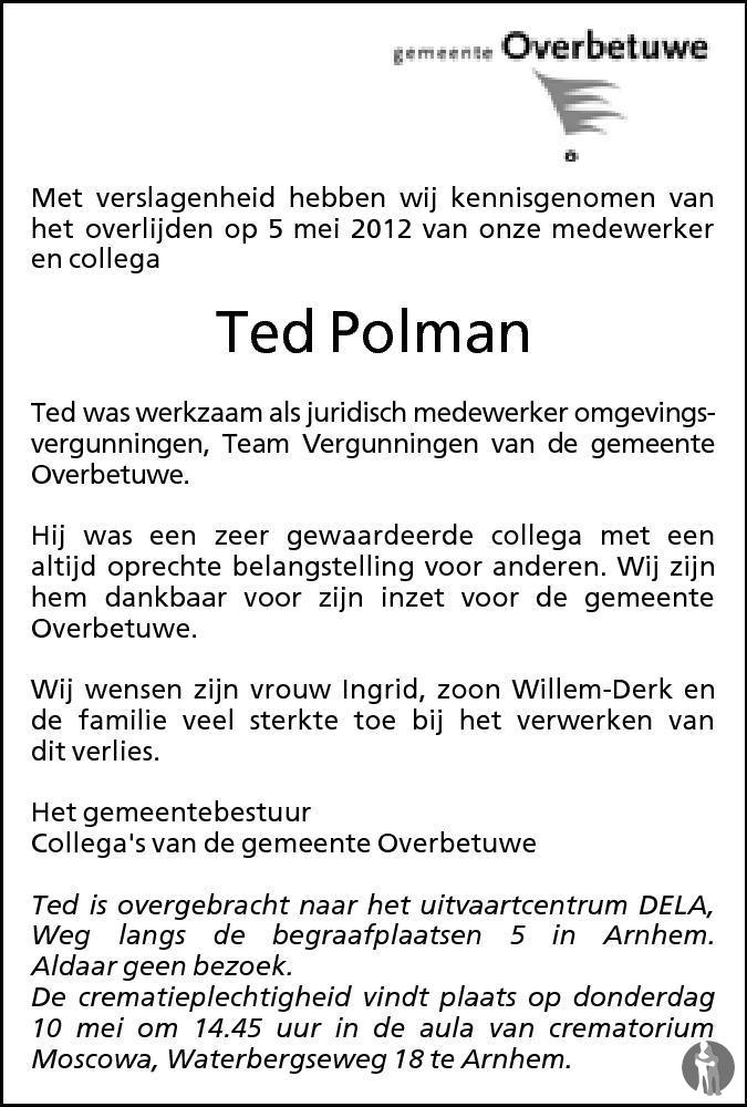 Ted Polman 05-05-2012 overlijdensbericht en condoleances - Mensenlinq.nl