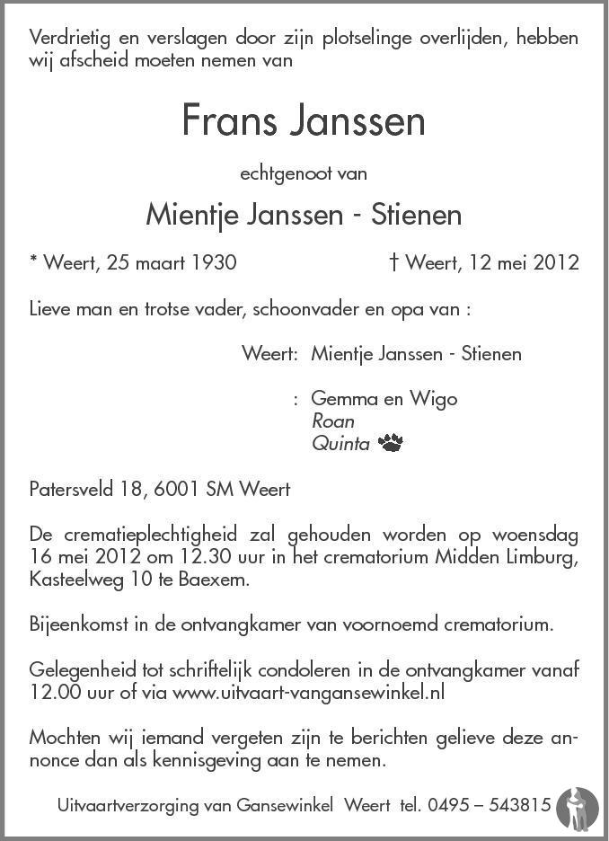 Frans Janssen 12-05-2012 overlijdensbericht en condoleances - Mensenlinq.nl